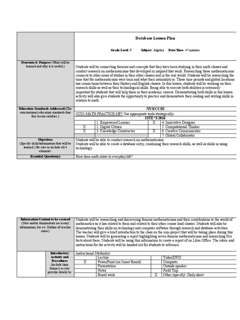 Database Lesson Plan: Grade Level: 9 Subject: Algebra Date/Time: 47 ...