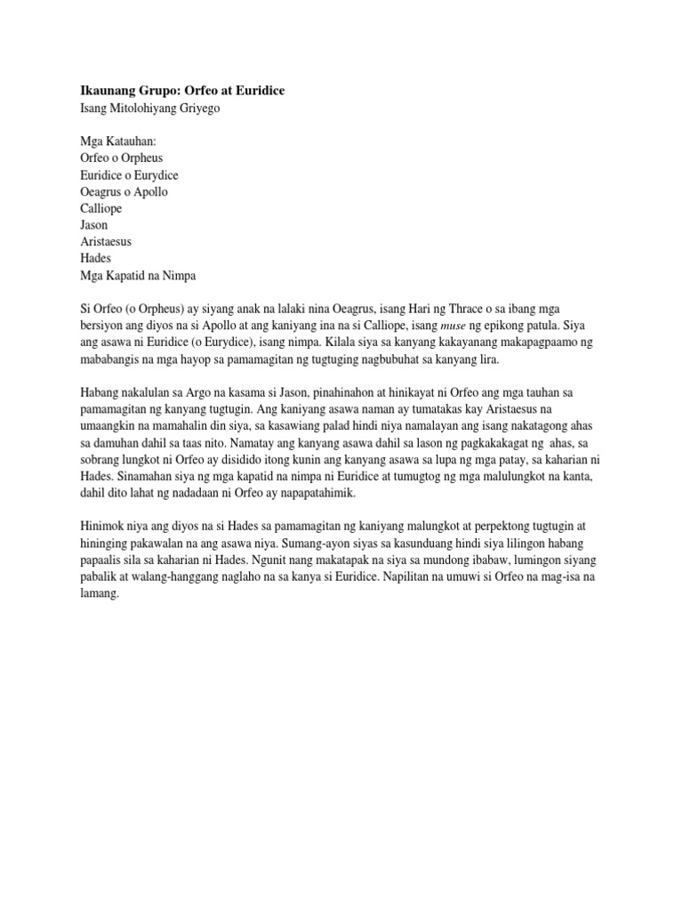 Ikaunang Grupo - Orfeo at Euridice | PDF