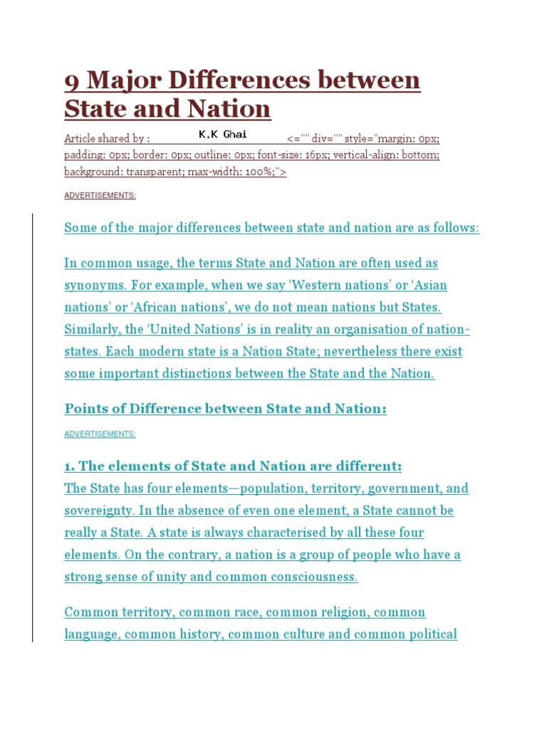 9 Major Differences Between State and Nation | PDF | Sovereign State ...