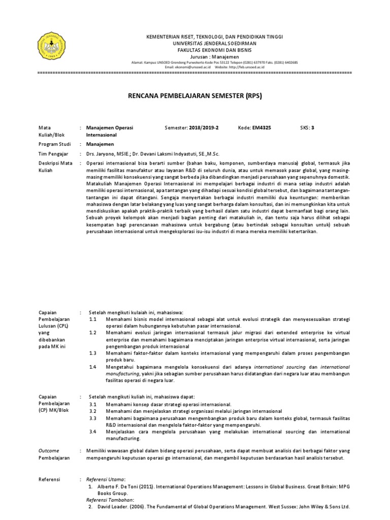 RPS Manajemen Operasi Internasional (Landscape) | PDF