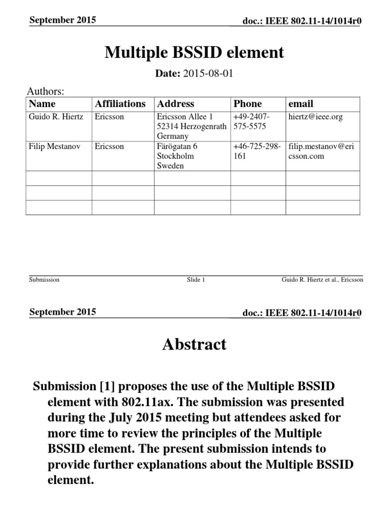 Multiple BSSID Element: Authors | PDF | Ieee 802.11 | Mobile Technology