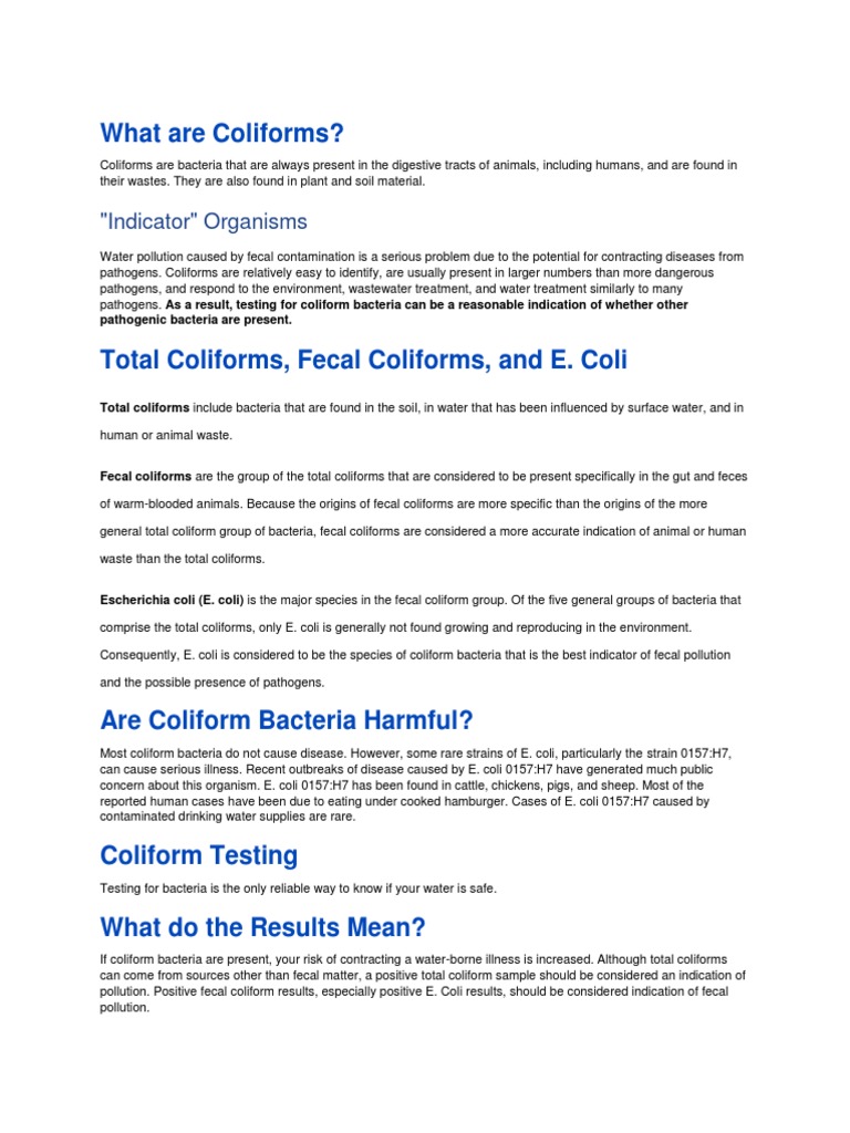 What Are Coliforms?: "Indicator" Organisms | PDF | Escherichia Coli | Feces