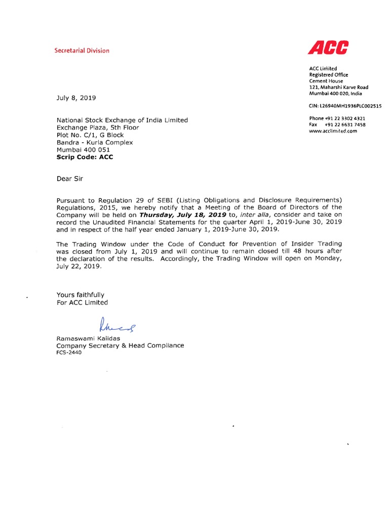 Scrip Code:ACC: Company Will Be Held On 7'hursday/ Ju/y 18, 2019 To ...