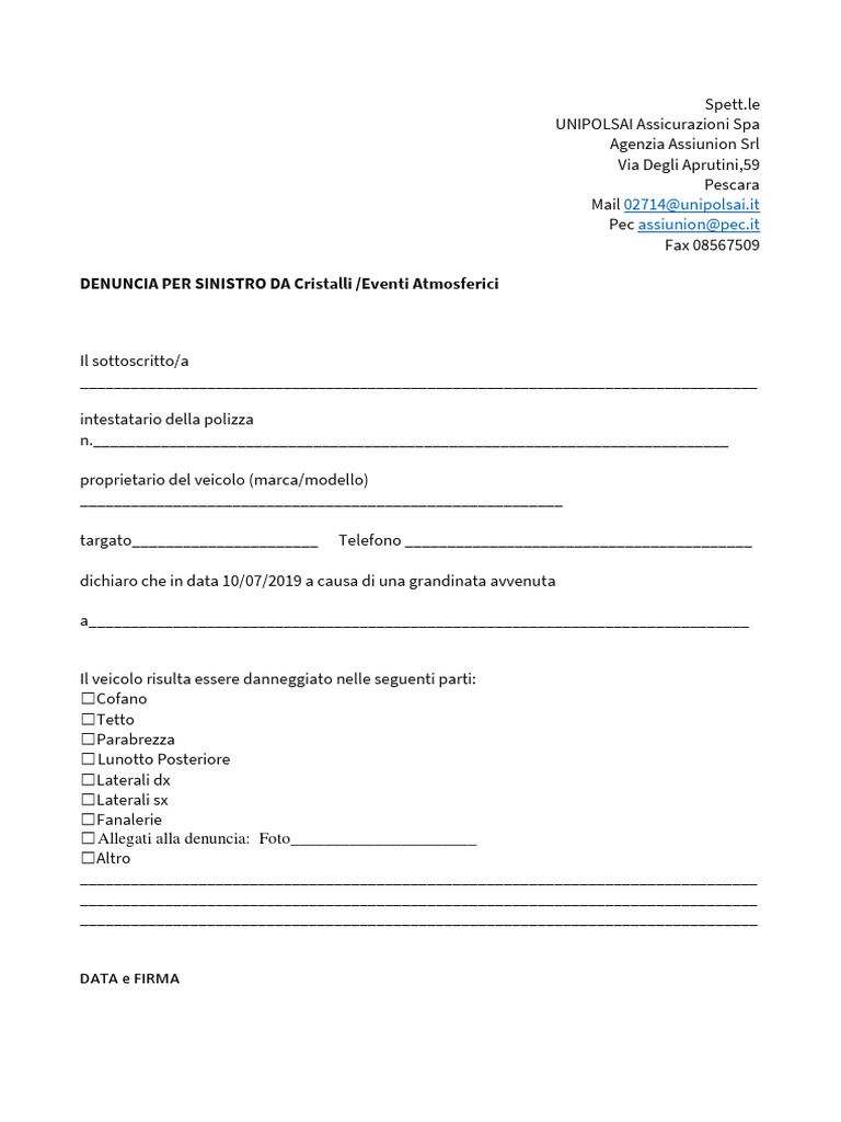 Modulo Denuncia Danni Eventi Atmosferici | PDF