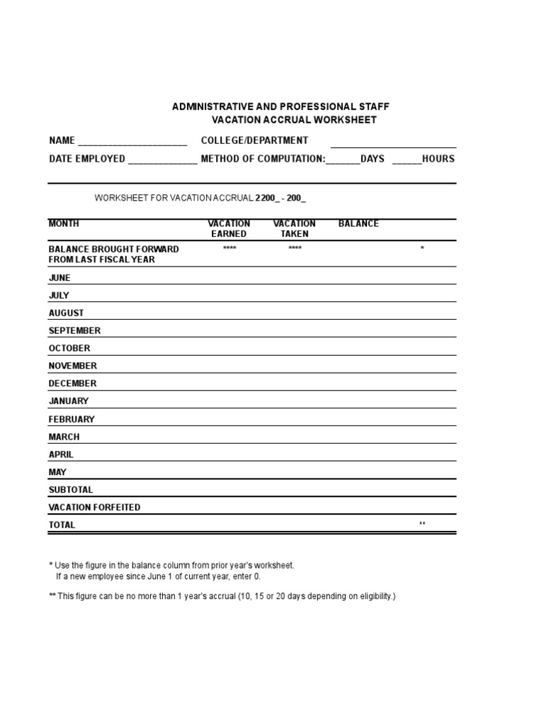 Administrative Vacation Accrual Worksheet | PDF