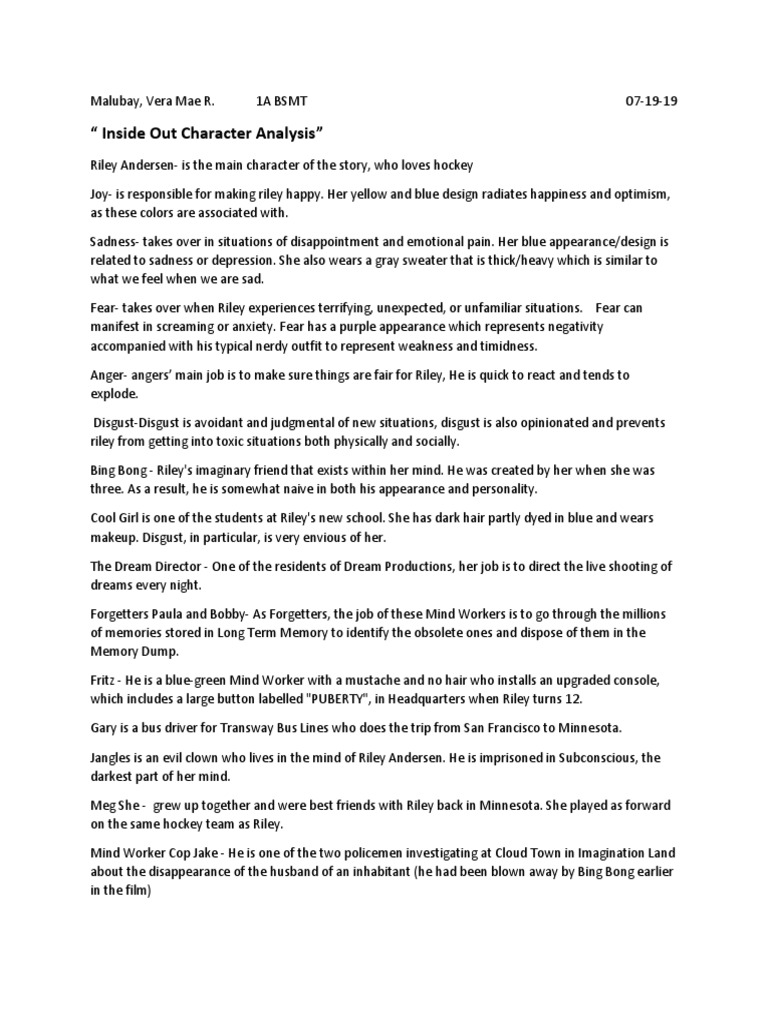 Inside Out Character Descriptions | PDF | Emotions | Metaphysics Of Mind