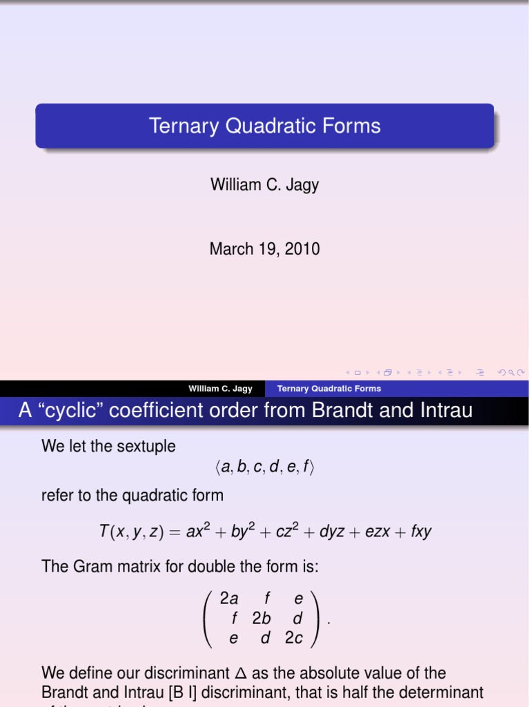 Ternary Quadratic Forms: William C. Jagy | PDF | Integer | Abstract Algebra