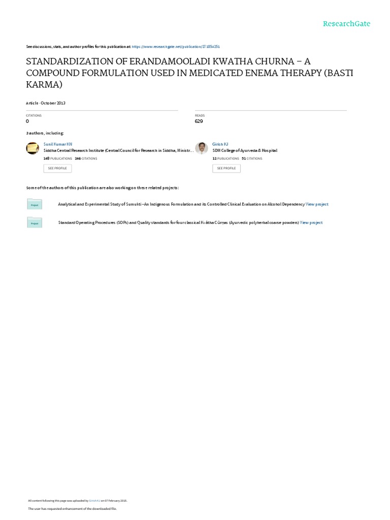 Standardization of Erandamooladi Kwatha Churna - A Compound Formulation ...