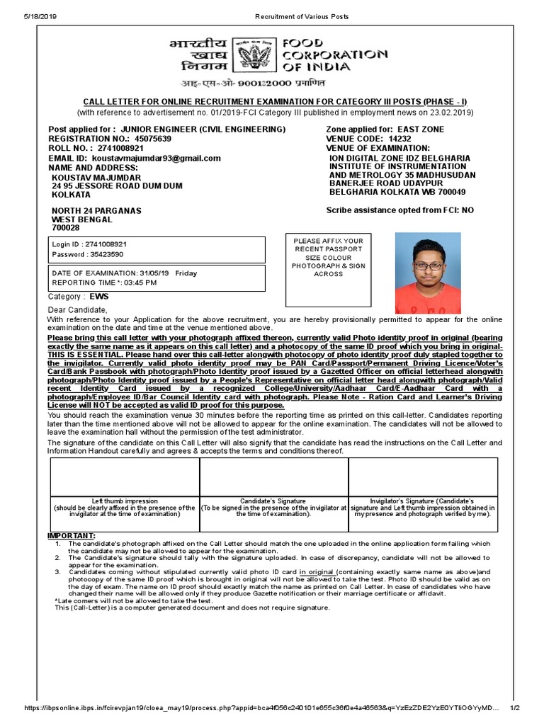 Fci Admit Card | PDF | Identity Document | Test (Assessment)