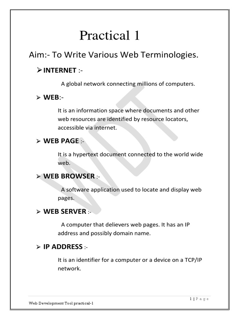 Practical 1: Aim:-To Write Various Web Terminologies | PDF