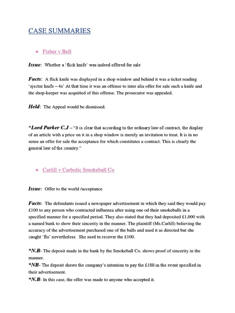 Key Contract Law Case Summaries | PDF | Offer And Acceptance ...