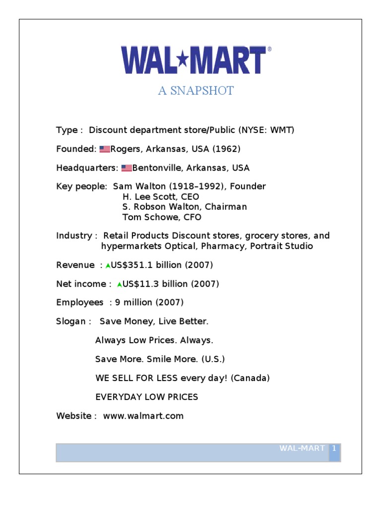 A Snapshot: Wal-Mart 1 | Download Free PDF | Walmart | Economies