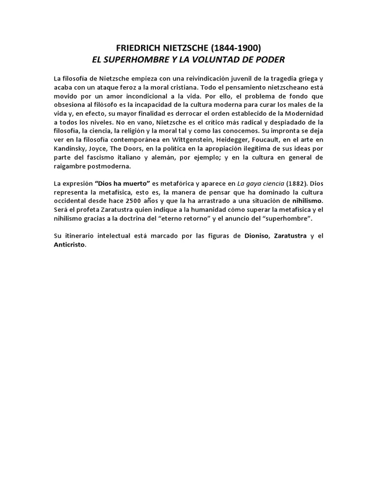 FRIEDRICH NIETZSCHE - El Superhombre y La Voluntad de Poder | PDF