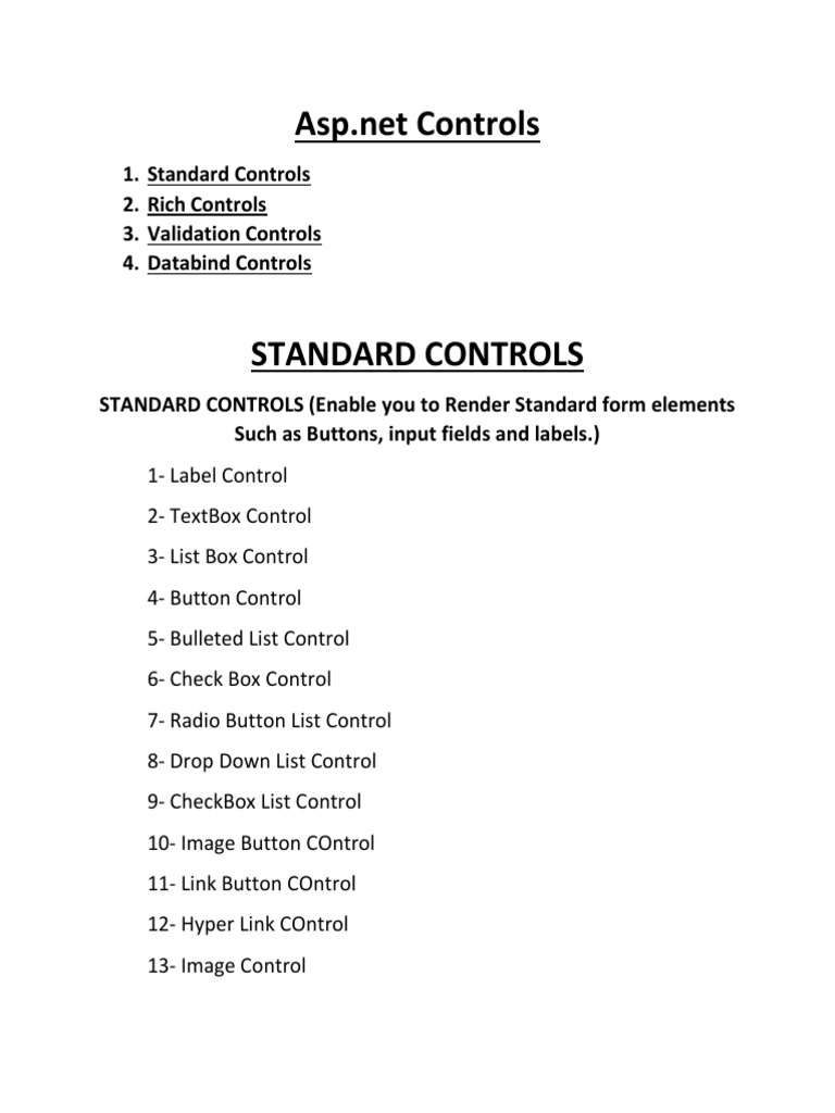 Standard Controls 2. Rich Controls 3. Validation Controls 4. Databind ...