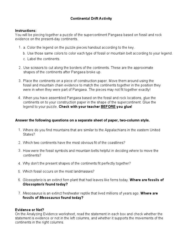 Ch. 3.1 Continental Drift Activity Packet | Continent | Earth & Life ...