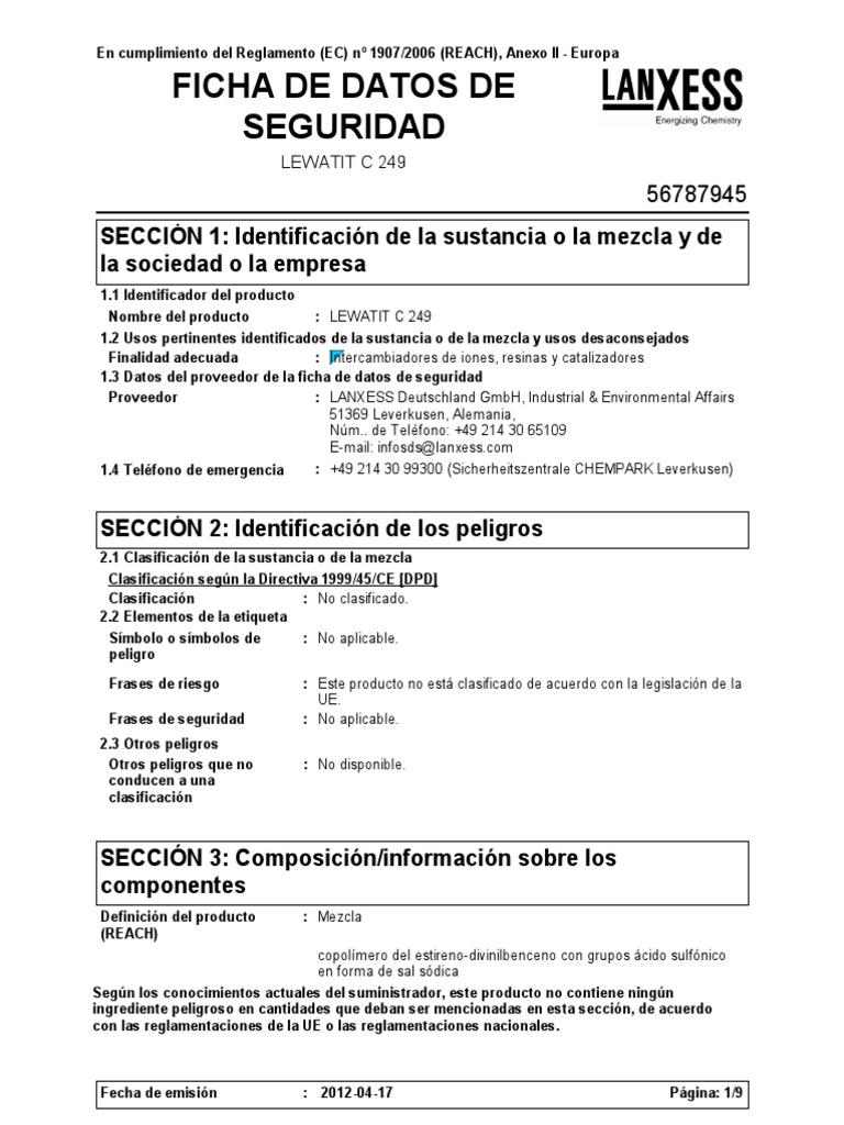 Ficha Seguridad LEWATIT C 249 | PDF | Residuos | Agua