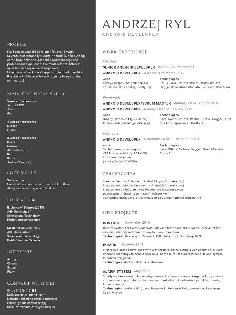 Andrzej Ryl: Android Developer | PDF | Android (Operating System) | Computing