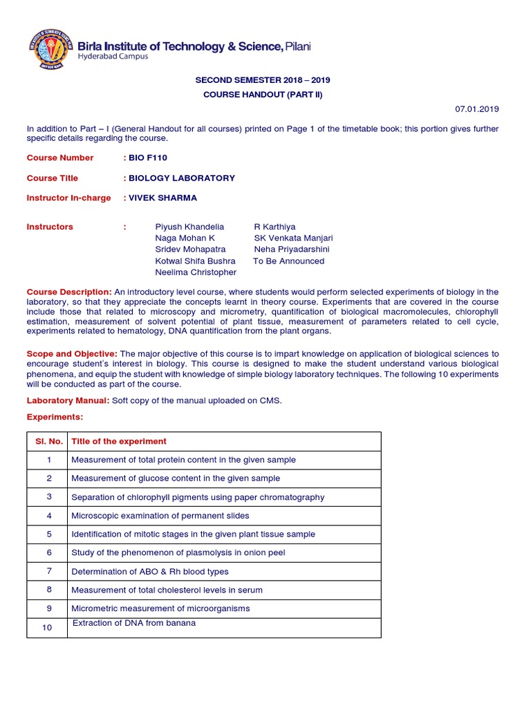 Second Semester 2018 2019 Course Handout Part Ii Course Number Course Title Instructor 