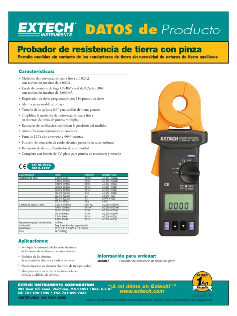 Extech 382357 Hoja Tecnica | PDF | Componentes eléctricos | Poder (Física)