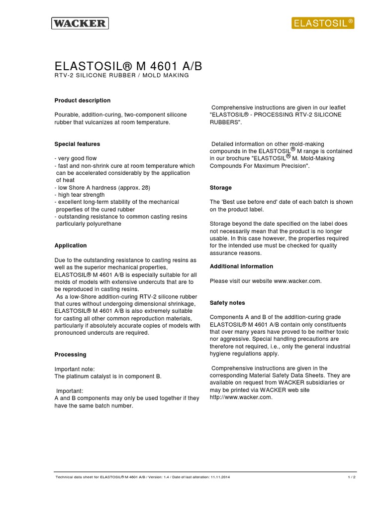 Elastosil m4601 Datasheet | PDF | Casting (Metalworking) | Silicone