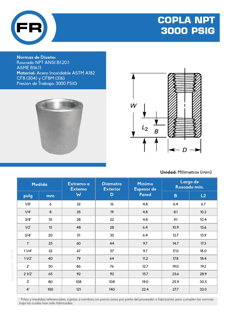 Copla NPT 3000 PSIG: Normas de Diseño: Material: Acero Inoxidable ASTM ...