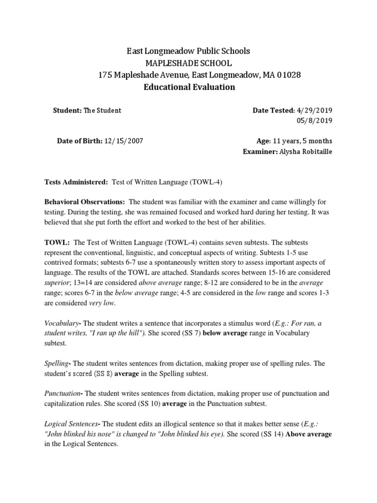 TOWL-4 Assessment Report for Student | PDF | Sentence (Linguistics ...