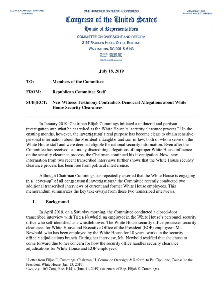 2019-07-18 Minority Memo To COR Members Re WH Security Clearance ...