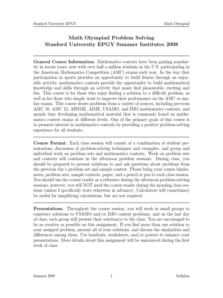 Math Olympiad Problem Solving Stanford University Epgy Summer 2551081 ...