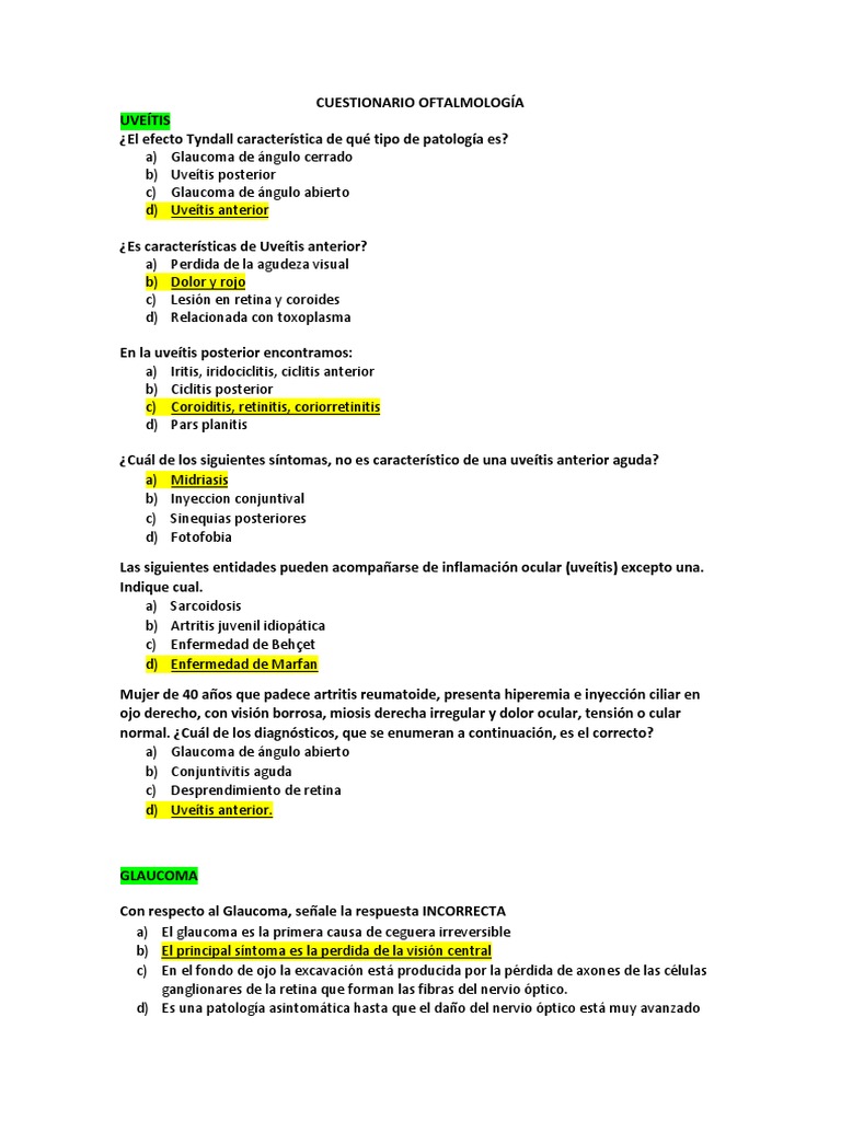Preguntas de Oftalmologia | PDF | Glaucoma | Enfermedades del ojo y anexos