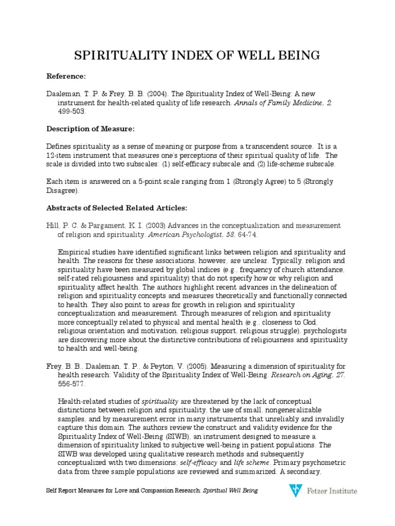 Self Measures For Spiritual Well Being Spirituality Index of Well Being ...