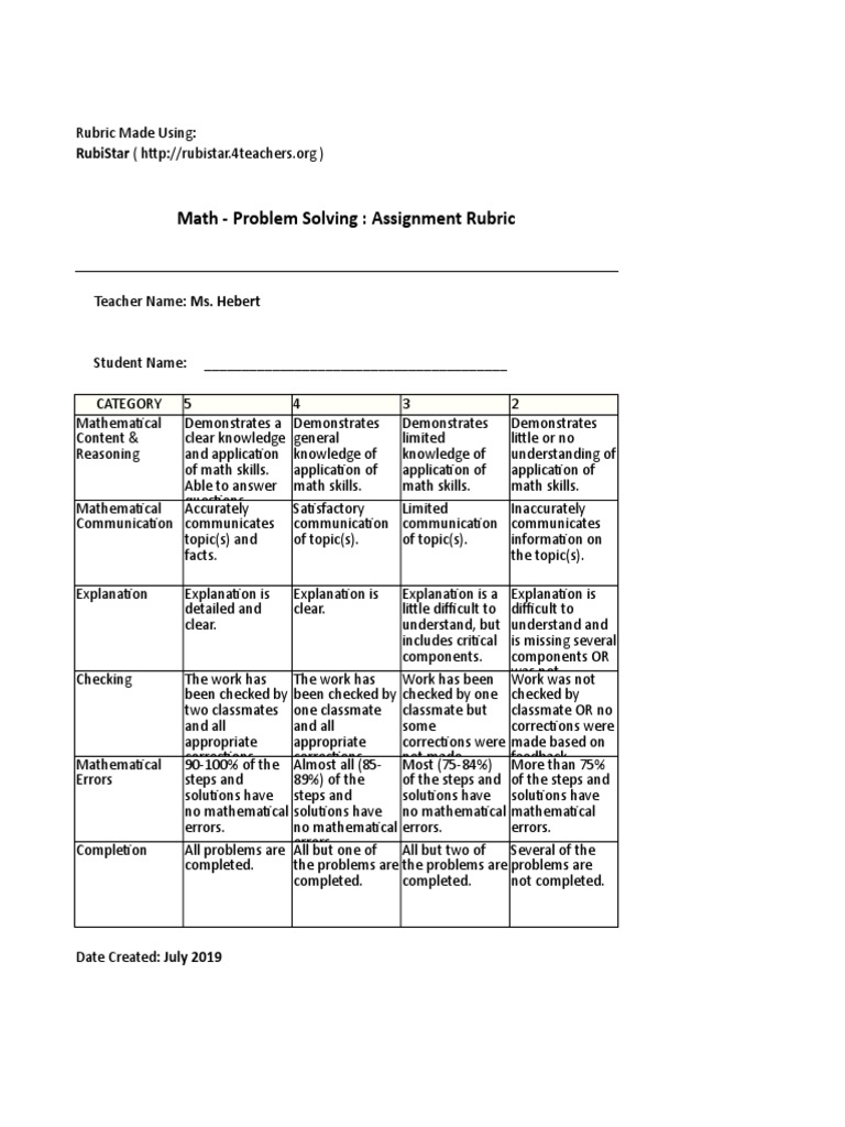 Hebert - Rubric, Problem Solving Assignments | PDF | Rubric (Academic) | Teaching Mathematics