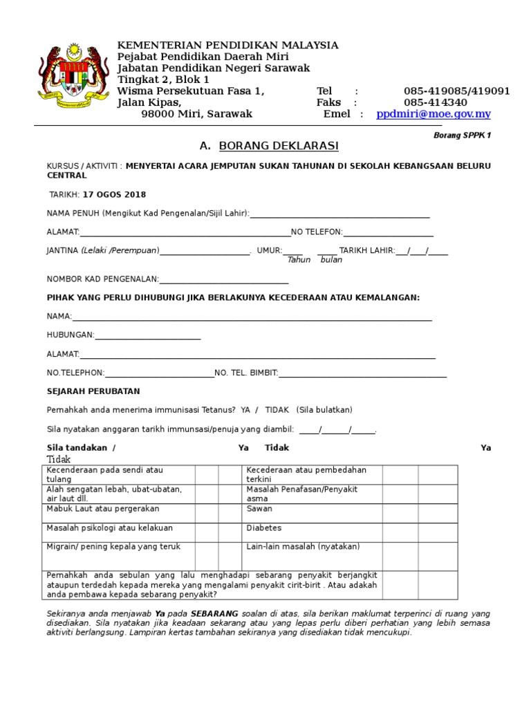 Borang Deklarasi Dan Akuan Kebenaran Ibubapa PPD Miri | PDF