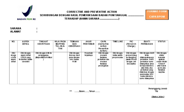 Format CAPA BPOM untuk Apotek | PDF