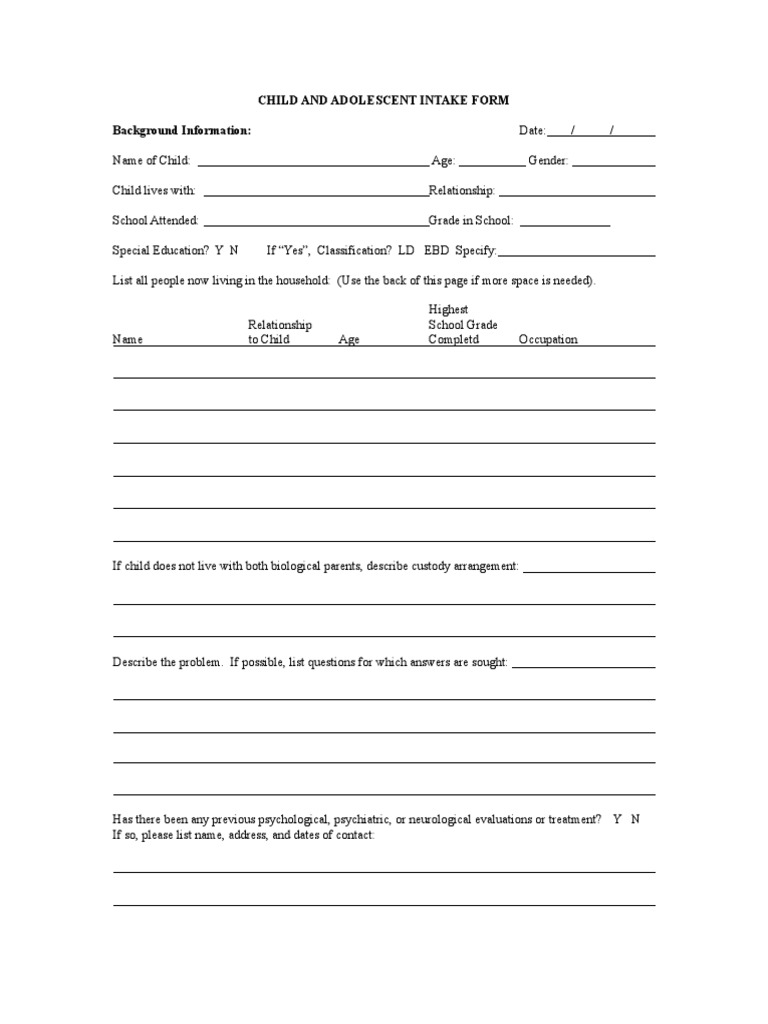 Child Intake Form for Parents | PDF