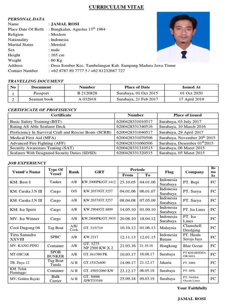 CV Jamal Rosi New 2018 | PDF | Merchant Navy | Shipping