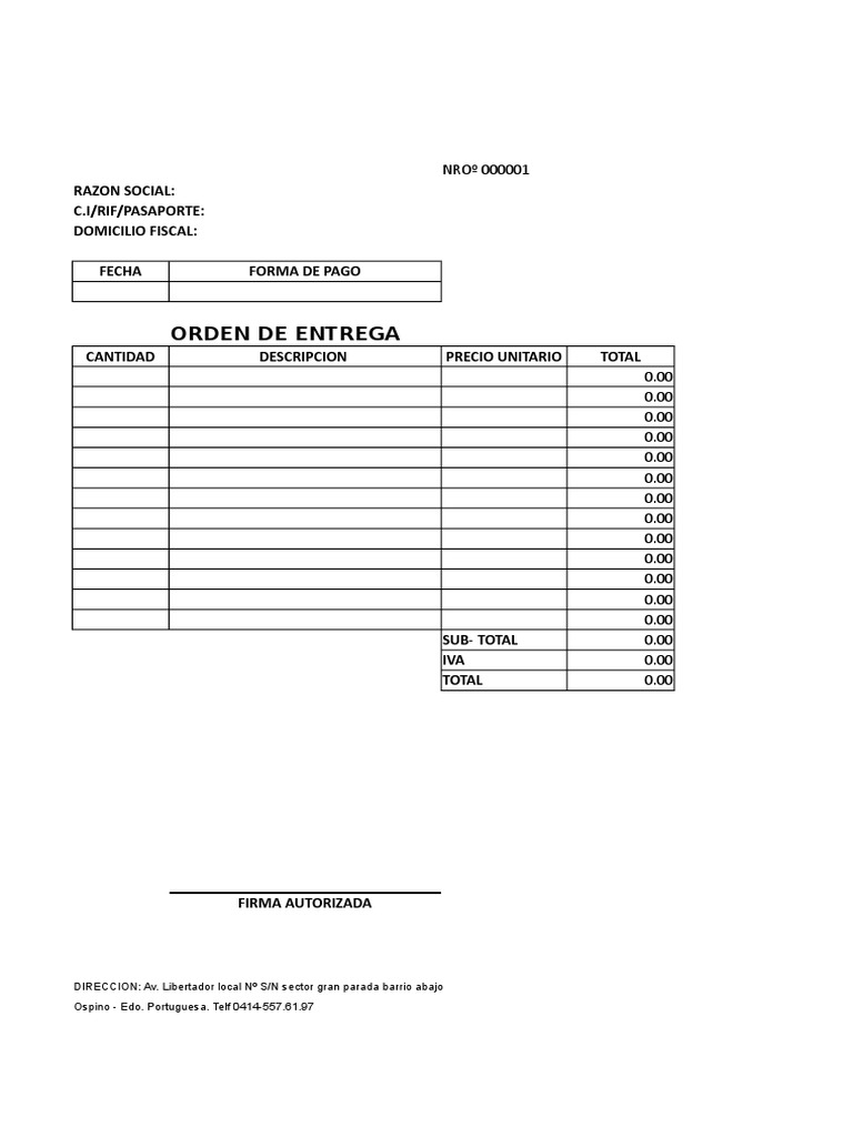 Modelo de Orden de Entrega 000001 | PDF