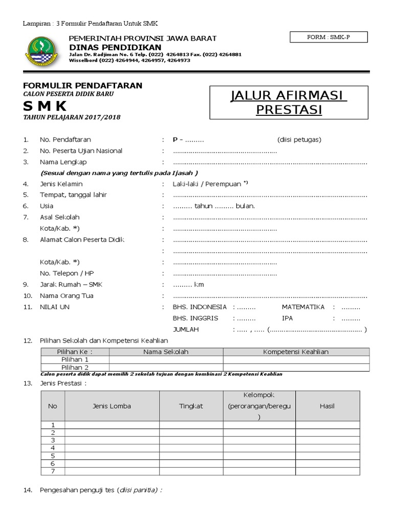 Formulir Pendaftaran SMK 2017/2018 | PDF