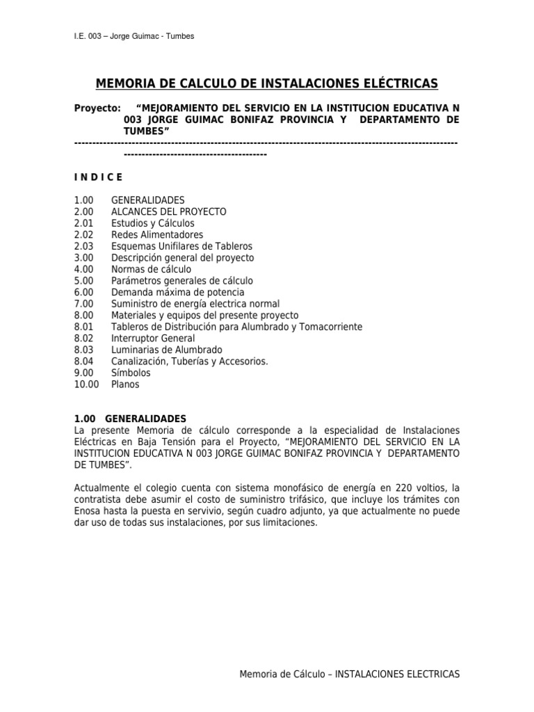 Memoria de Calculo de Instalaciones Eléctricas | PDF | Corriente eléctrica | Energia electrica
