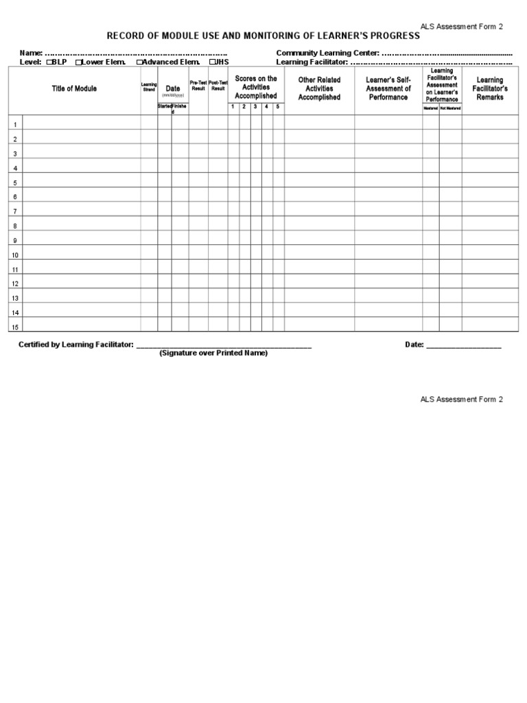 ALS Assessment Form 4 2 Form | Education Theory | Applied Psychology