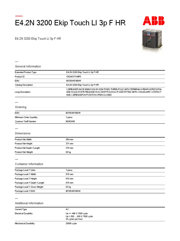 1SDA071144R1 E4 2n 3200 Ekip Touch Li 3p F HR PDF | PDF | Electric Power | Components