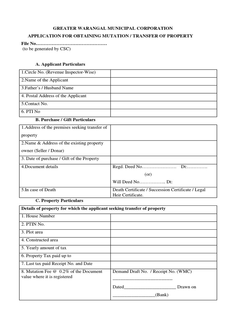 Application For Obtaining Mutation - Transfer of Property | PDF ...