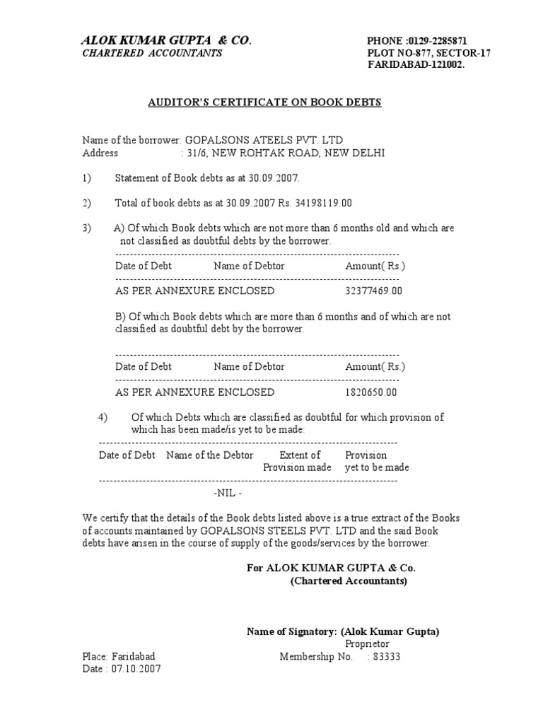 0 - Ca Certificate On Book Debts | PDF | Debtor | Accountant