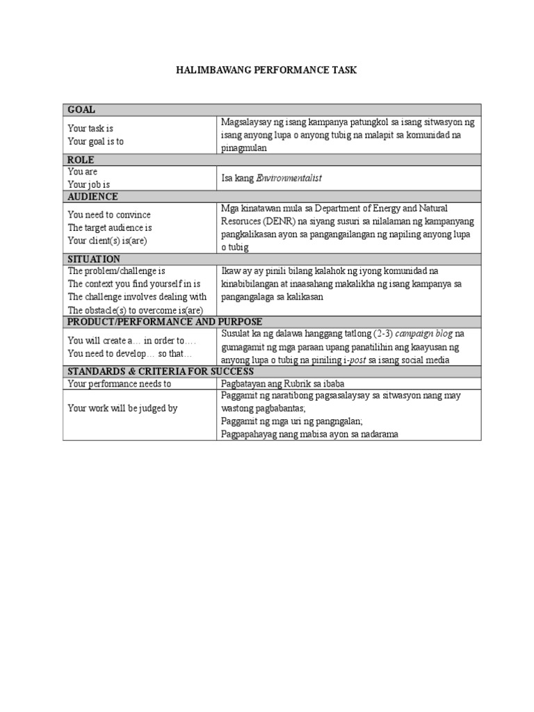 Halimbawa NG Performance Task | PDF
