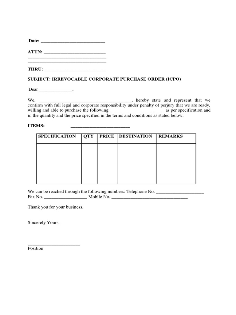 ICPO Template for Corporate Purchases | PDF | Business | Finance ...