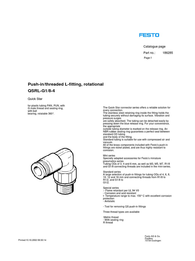 Push-In/threaded L-Fitting, Rotational QSRL-G1/8-4: Catalogue Page | PDF | Pipe (Fluid ...