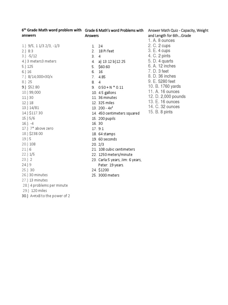 6th Grade Math Word Problem With Answers | PDF | Gallon | Pint