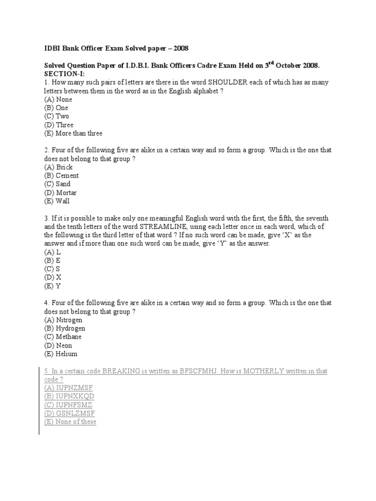 IDBI Bank Officer Exam Solved Paper - 2008 Solved Question Paper of I.D ...
