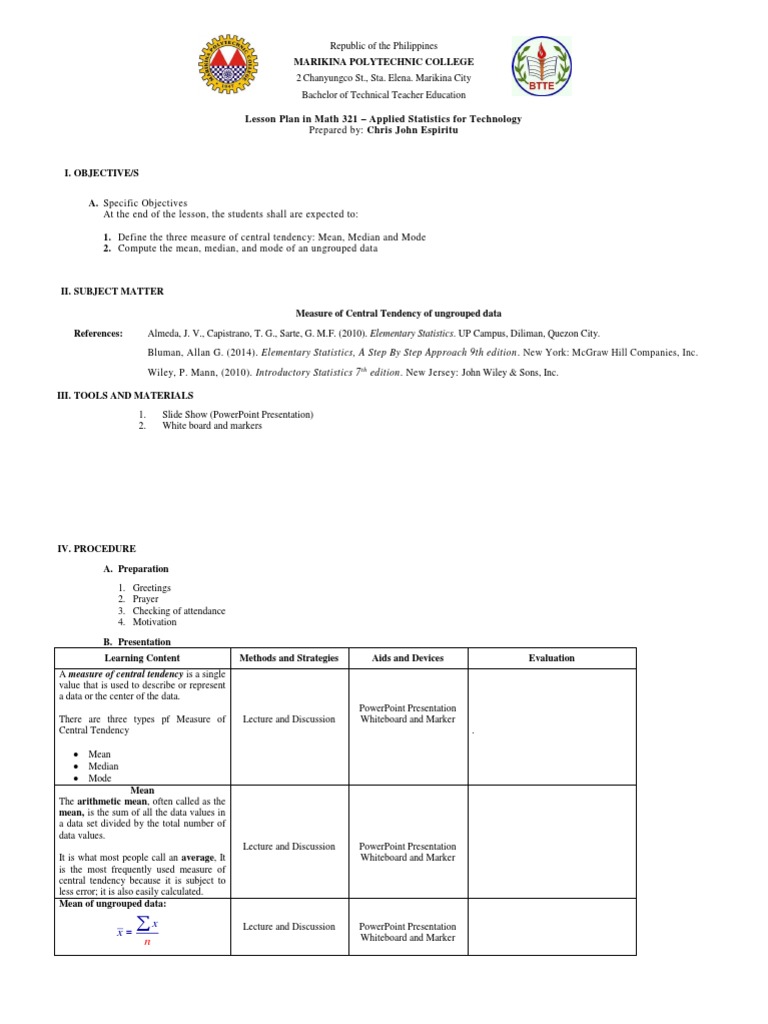 Measure of Central Tendency Lesson Plan | PDF | Mean | Arithmetic Mean