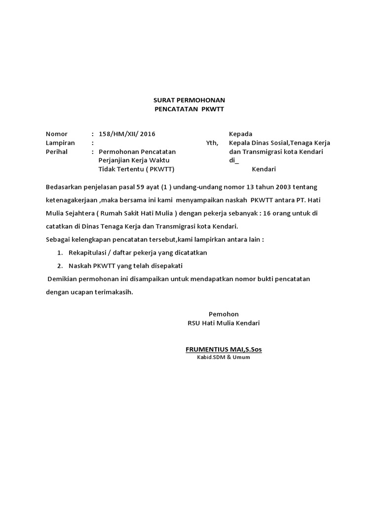 Surat Permohonan Pencatatan PKWT & PKWTT | PDF
