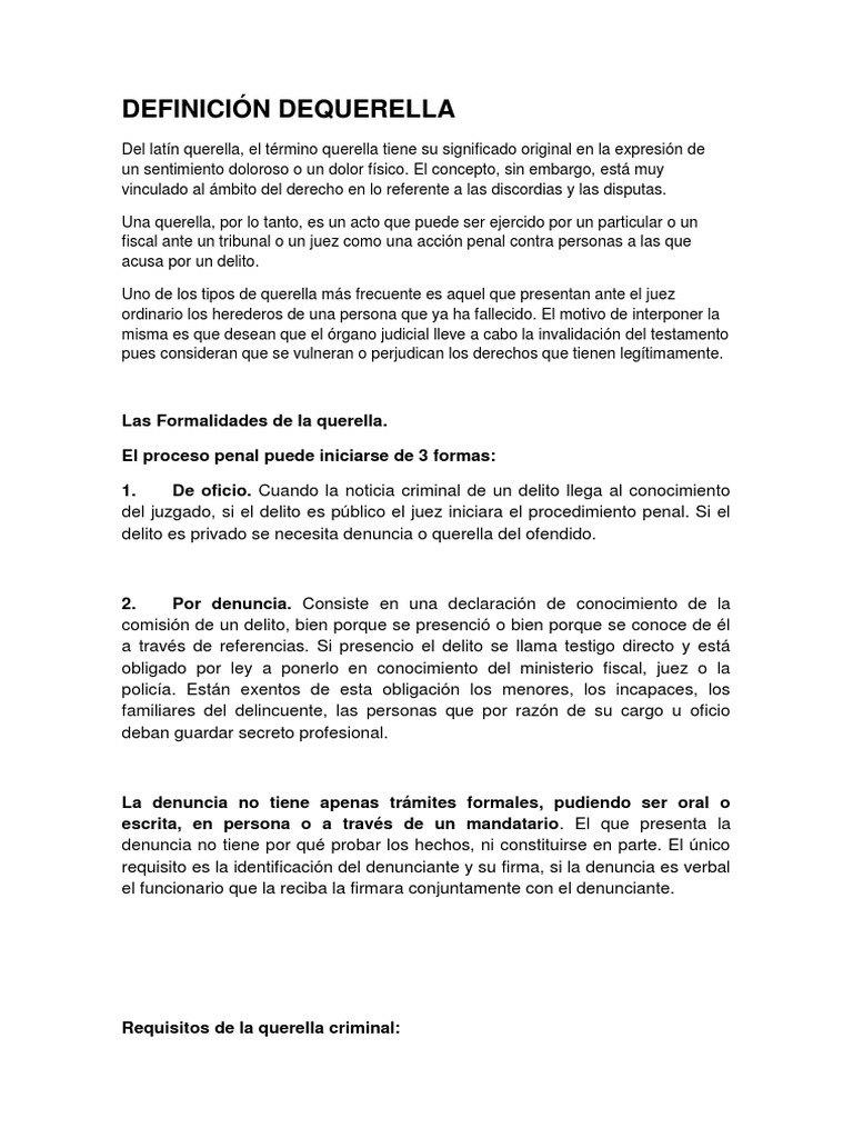 Definicion de Querella | PDF | Queja | Conceptos legales